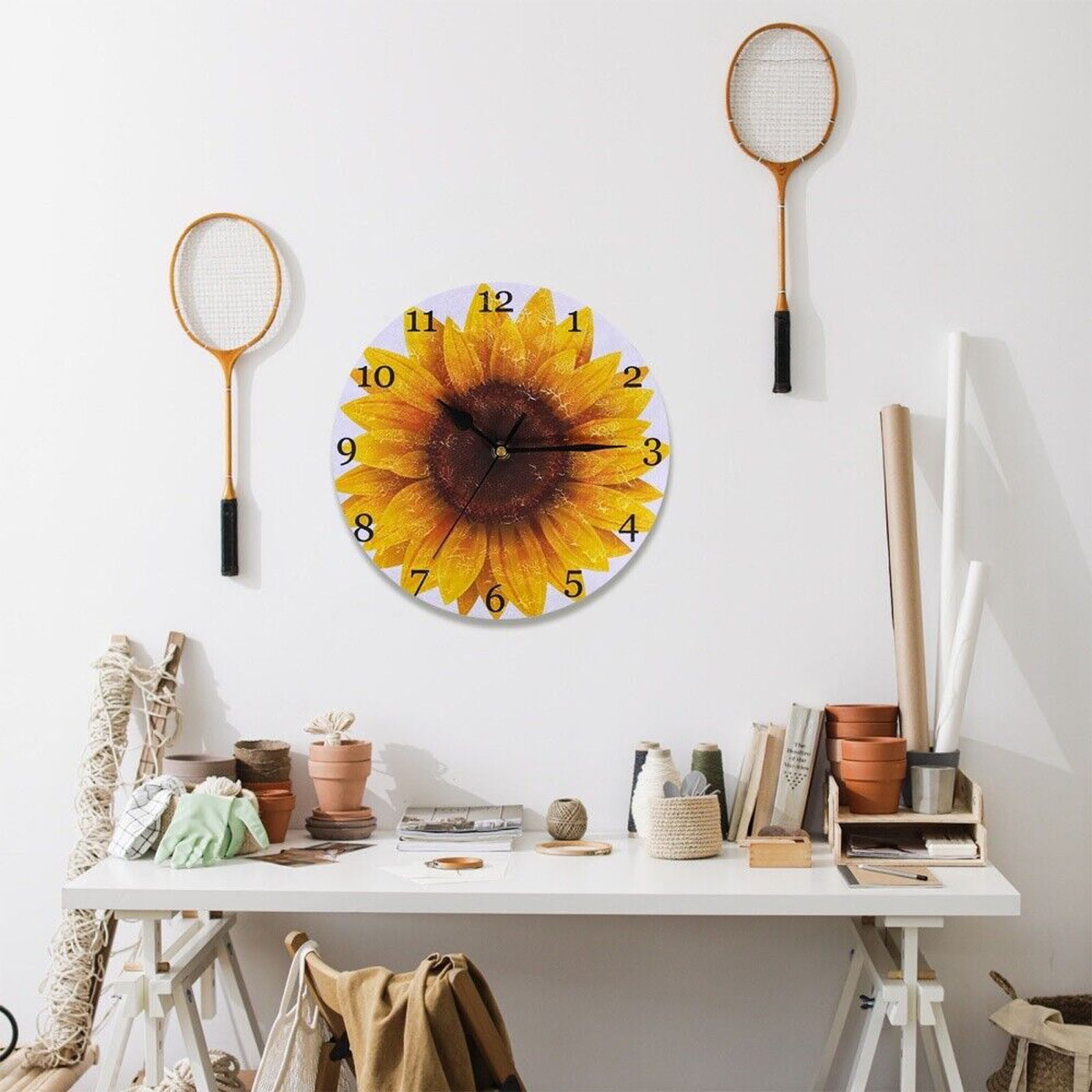 Wooden Sunflower Wall Clock Round Battery Operated Clock Hanging Clock ...