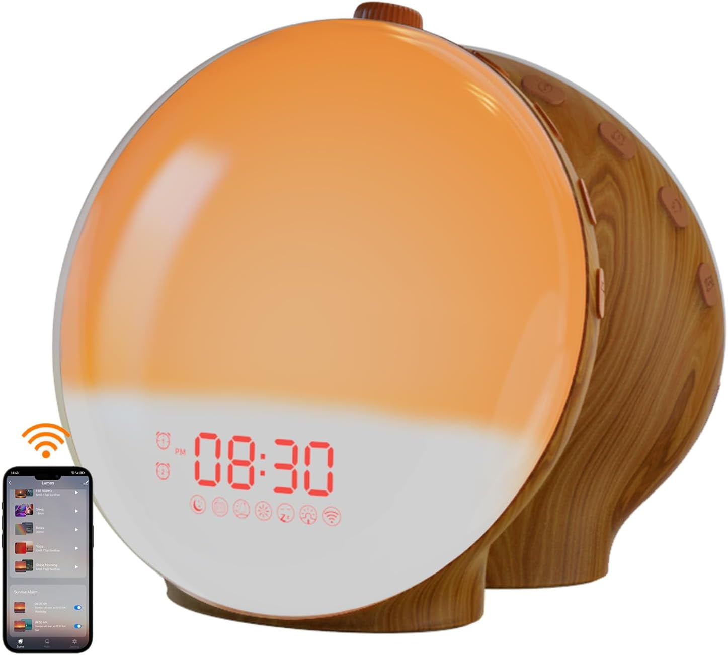 Wooden Sunrise Alarm Clock, Wake Up Light, APP Control, Sunrise Sunset ...
