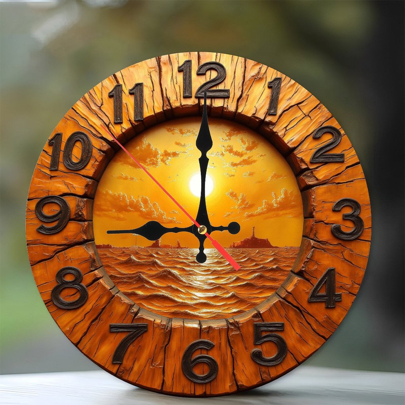 Wooden Sunset Ocean Wall Clock Handpainted Art Decor 10-Inch Silent ...