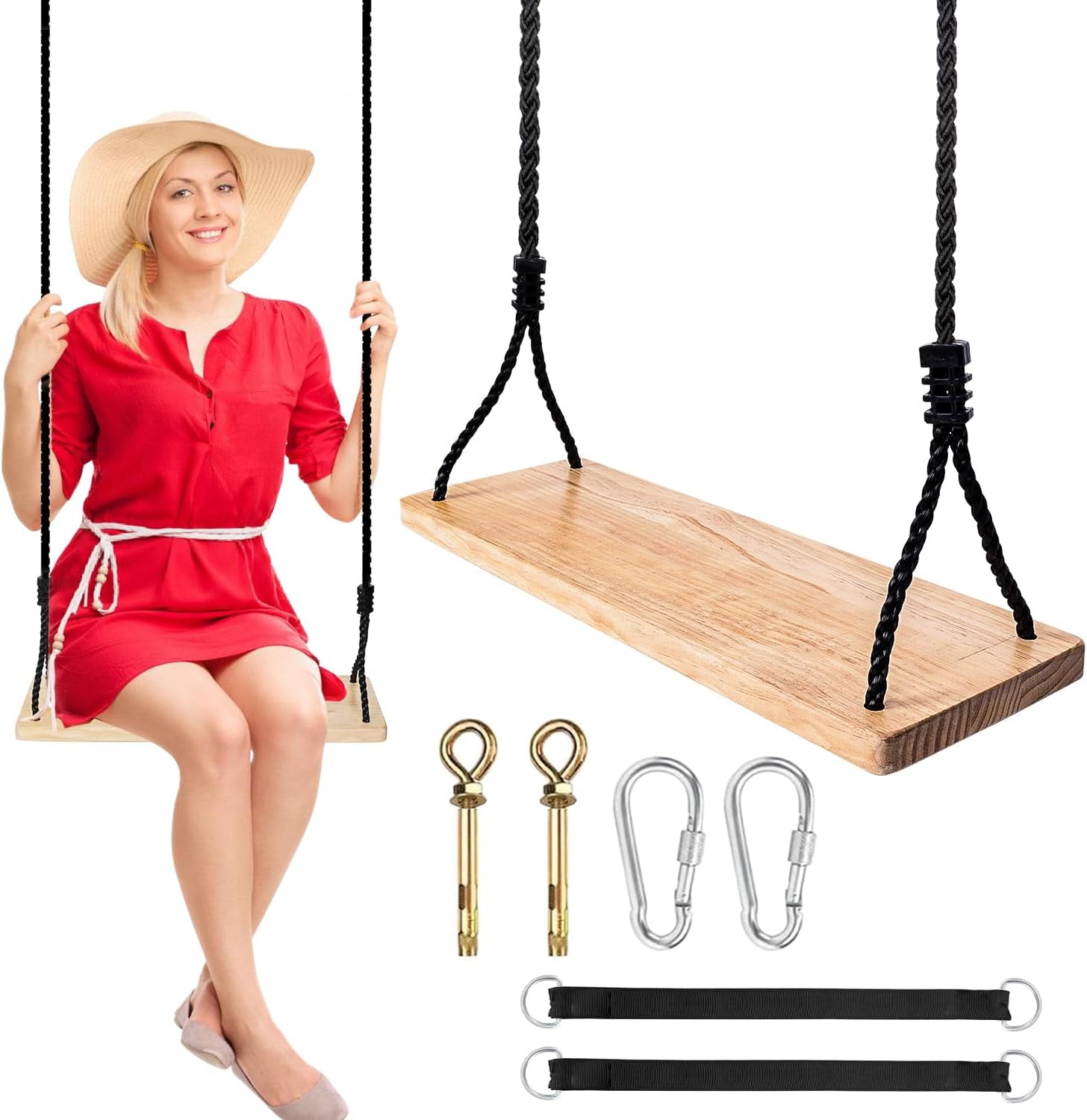Wooden Swing Seat 23"x 8"x 1.1 500lbs, Adjustable Nylon Rope & Extension Tree Straps, Outdoor ...