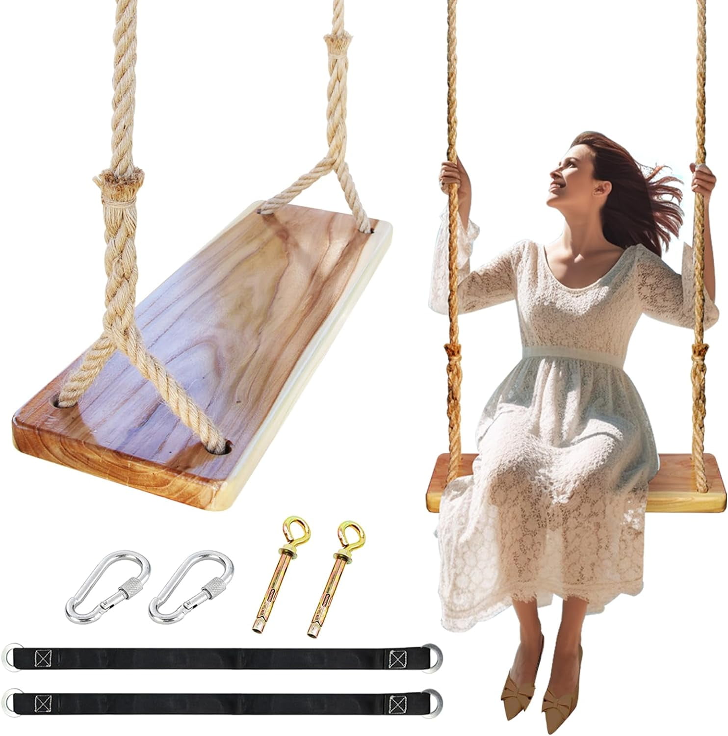 Wooden Swing,Seat 24"x 8"x 1.2,500lbs,Adjustable Hemp Rope & Extension Tree Straps 100 inch ...