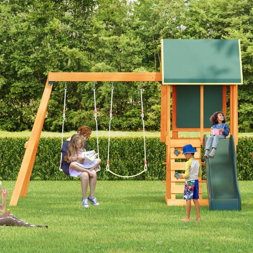 Wooden Swing Set with Slide and Adjustable Swings,Outdoor Playset for ...