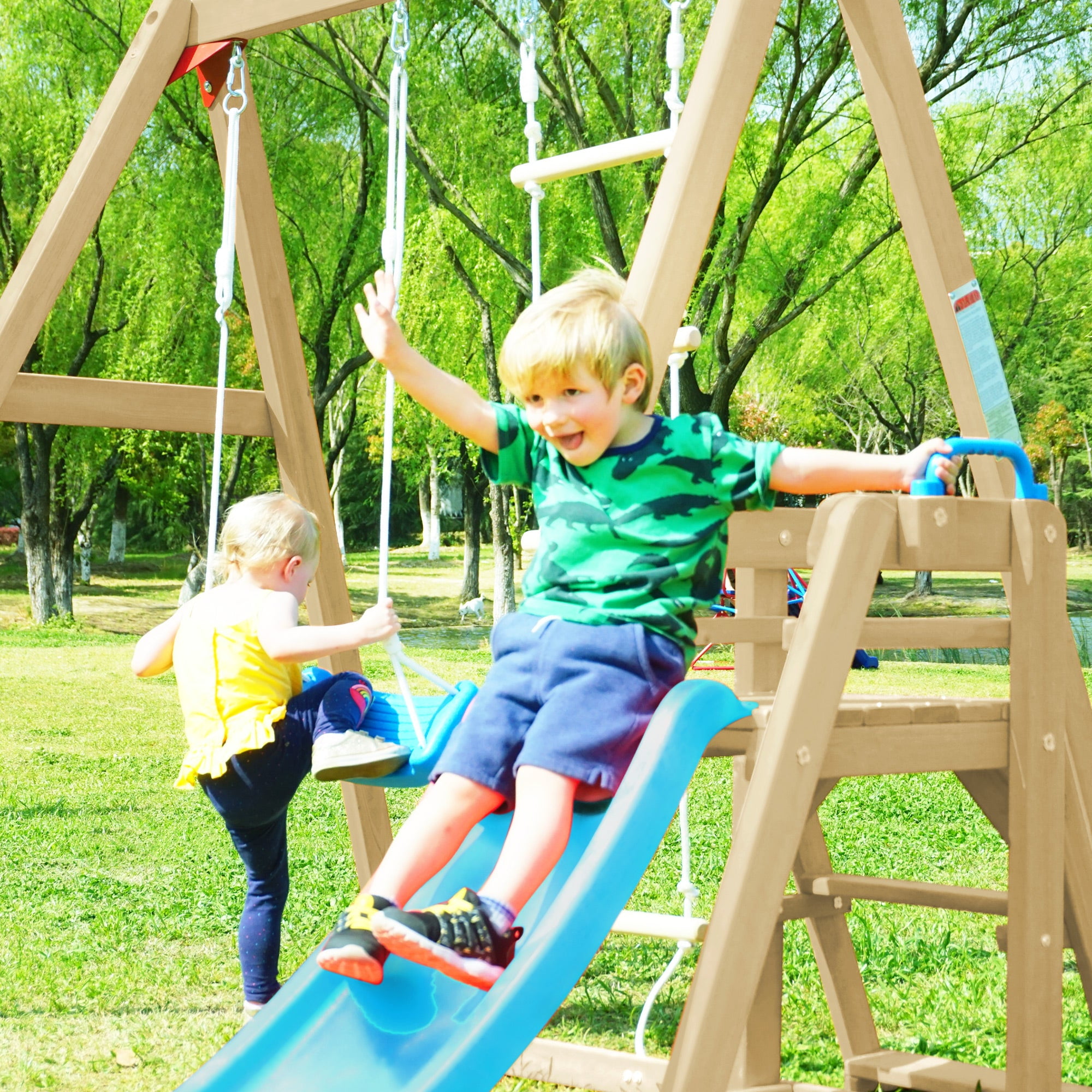 Wooden Swing Set with Slide, Outdoor Playset Backyard Activity ...