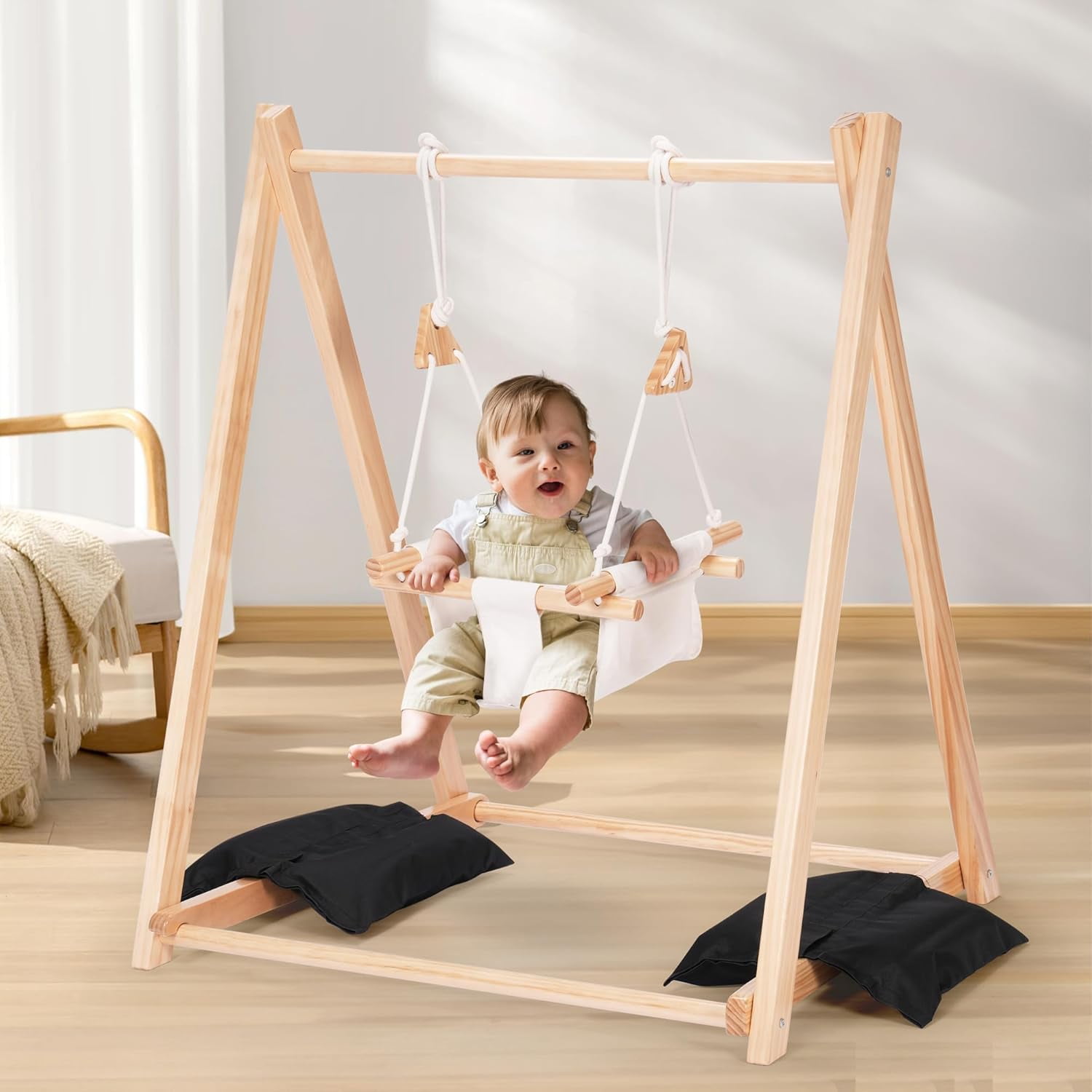 Wooden Swing Set for Toddler 6-36 Month, Foldable Baby Swing with Stand ...