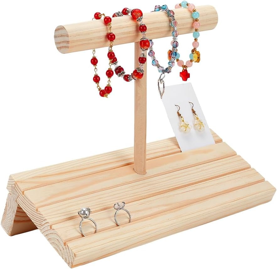 Wooden T-Bar Jewelry Display Stands with 4-Slot Slant Back Organizer ...