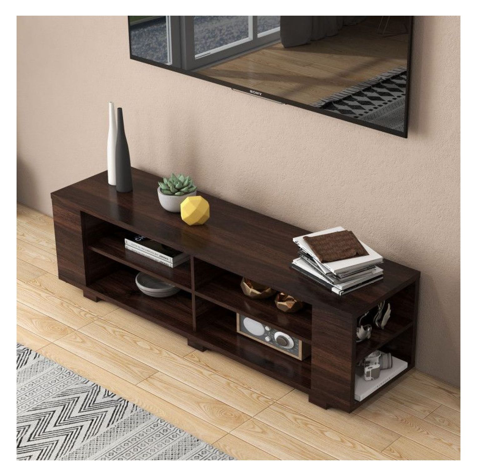 Wooden TV Stand with 8 Open Shelves for 65 Inch TVs, Modern ...