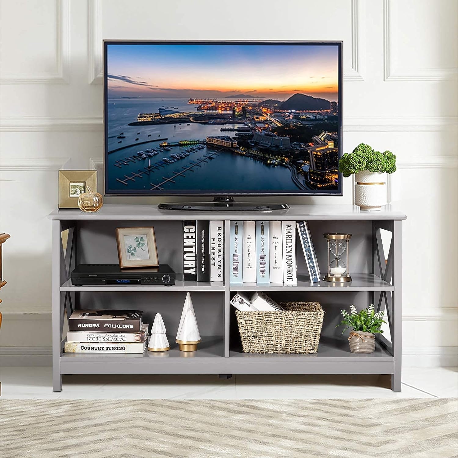 Wooden TV Stand for TVs up to 55 Inch Farmhouse TV Console with 4 Open ...