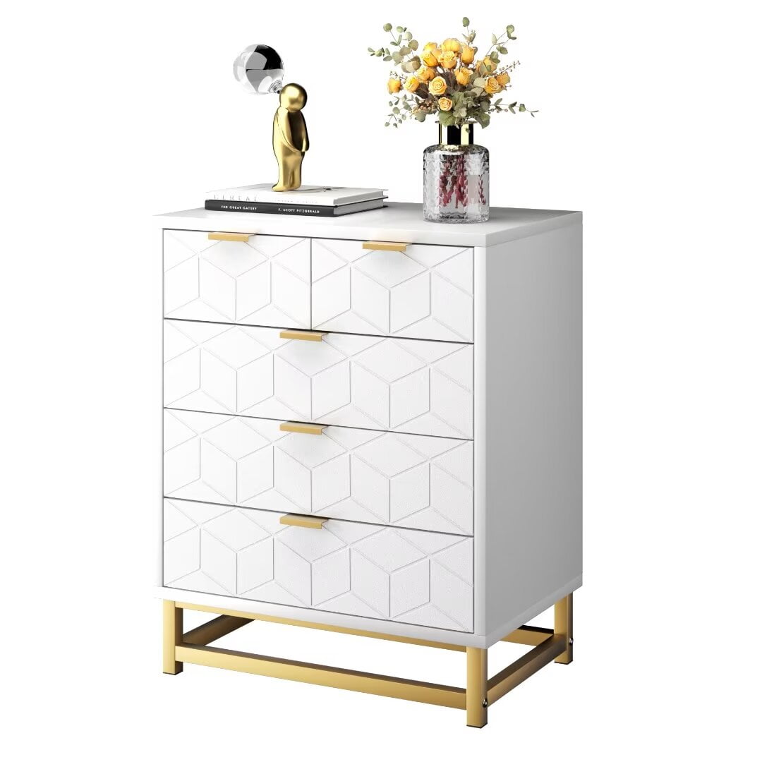 Wooden Tall 5 Drawer Dresser, Bedside Table with Golden Handle&Golden ...