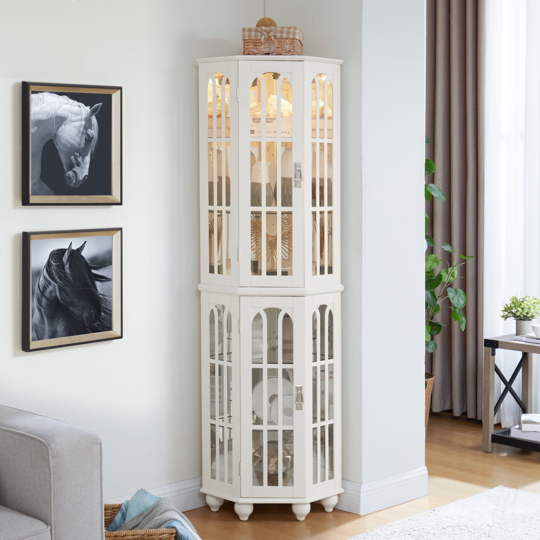 Wooden Tall Display Cabinet, Modern Corner Curio Cabinet with 4 ...