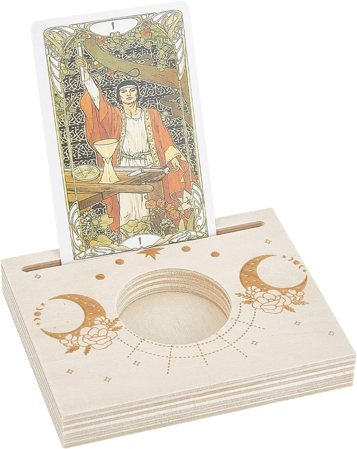 Wooden Tarot Card Stand Carved Candle Holder Moon with Flowers Star ...