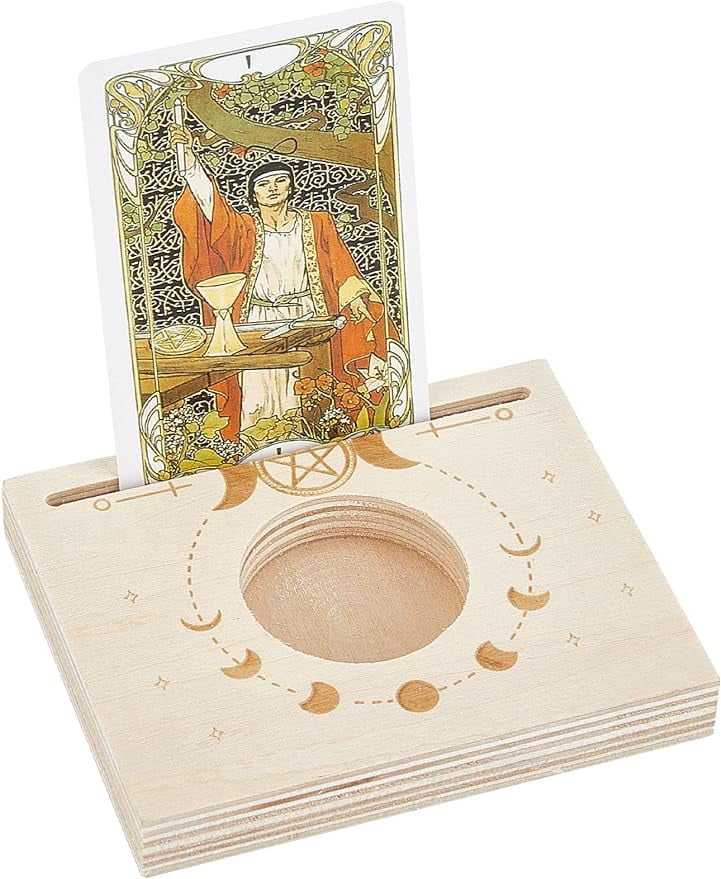 Wooden Tarot Card Stand Carved Candle Holder Moon Phase and Pentacle ...