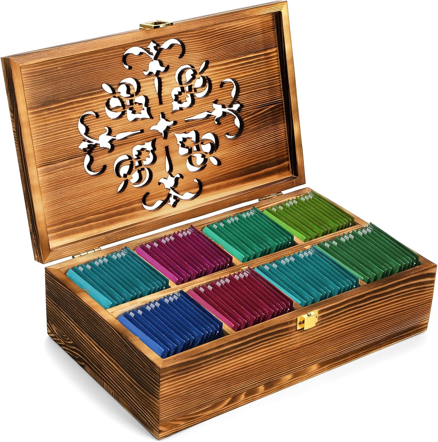 Wooden Tea Bag Storage Box with Carved Lid, 8-Compartment Tea Chest ...
