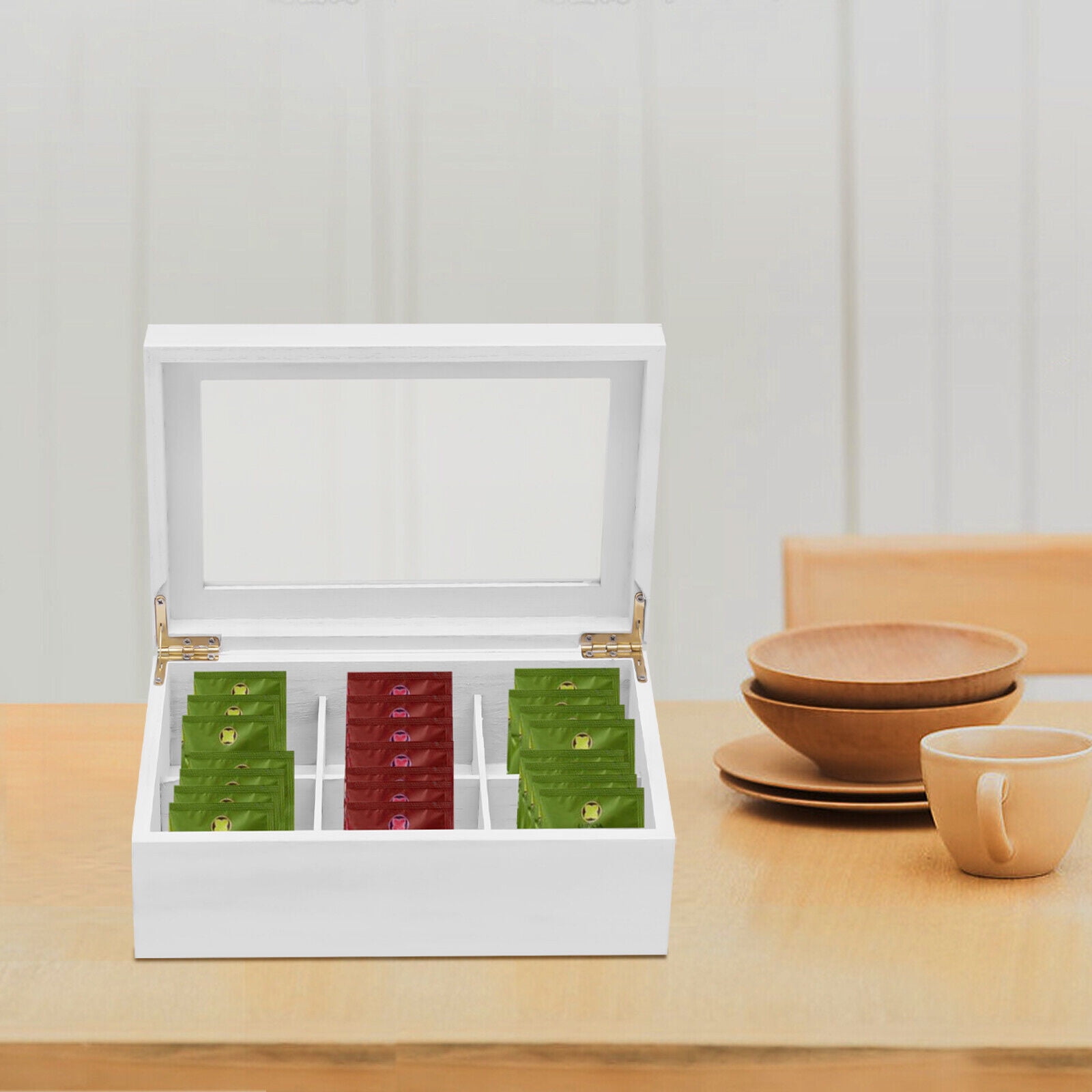 Wooden Tea Box Organizer Coffee Tea Bag Storage Case 6 Compartment ...