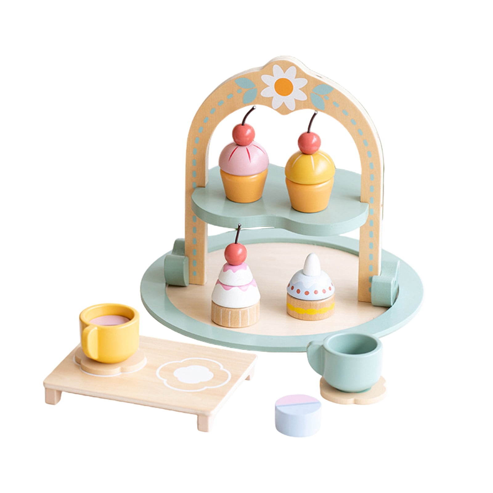 Wooden Tea Party Playset for Kids 2-Tier Dessert Stand with Cupcakes ...