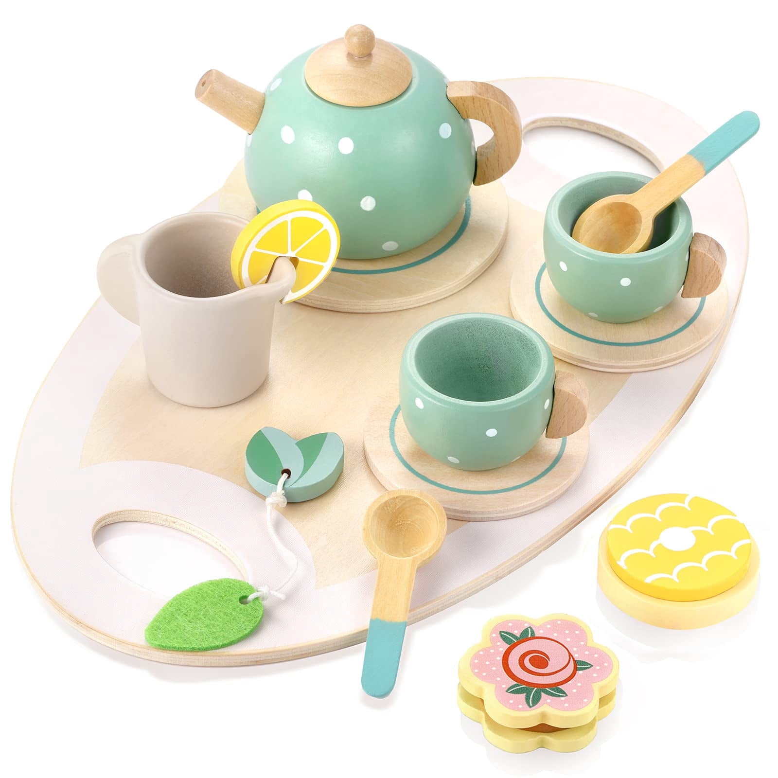 Wooden Tea Party Set for Little Girls 14 Pcs Toddler Tea Set Pretend ...