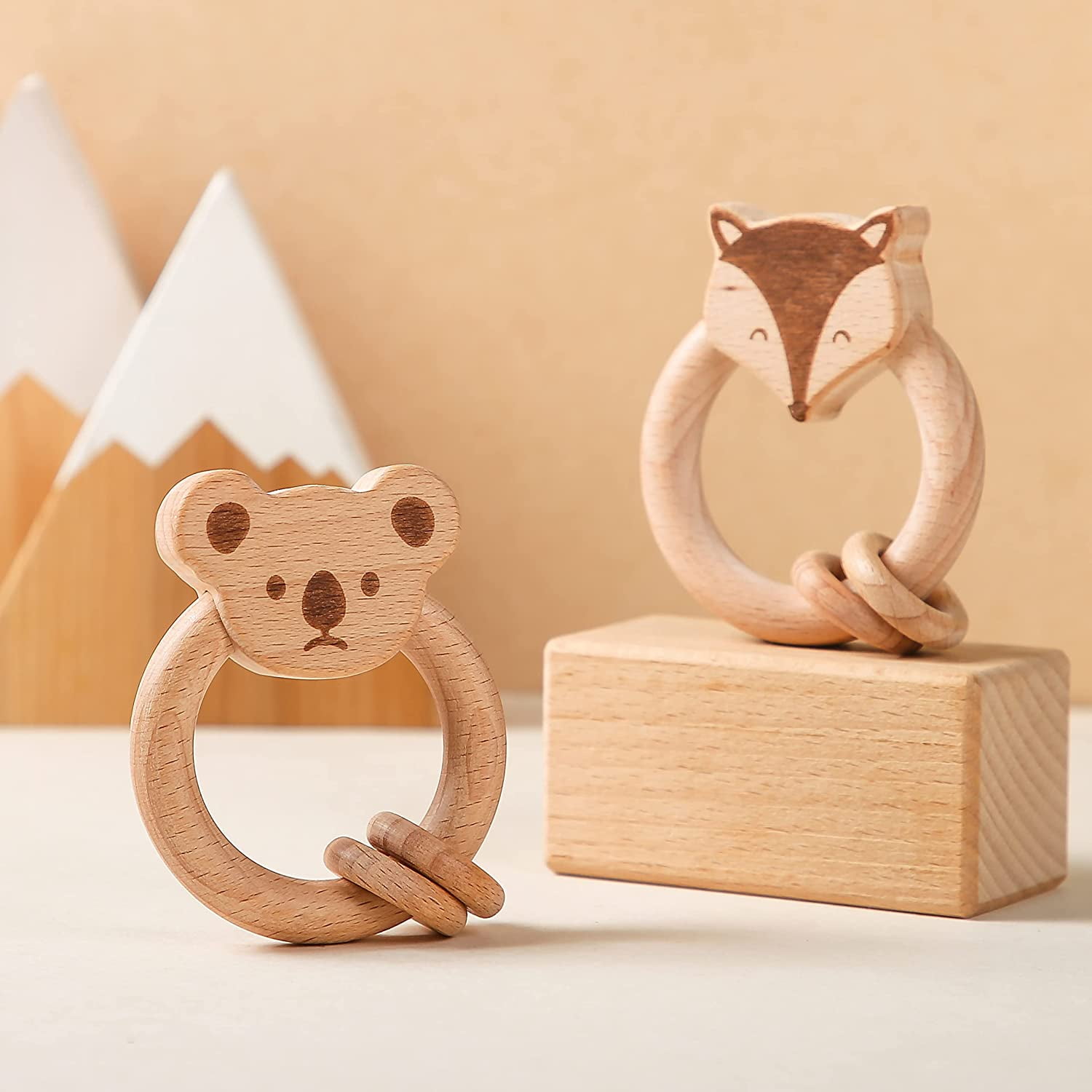 Bopoobo 2PCS Wooden Teether Rattles, Baby Teething Ring, Eco Friendly ...