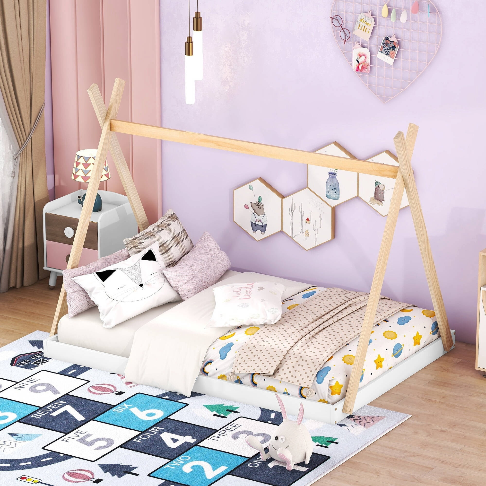 Wooden Tent Floor Bed Platform Bed Canopy Bed Daybed with Triangle ...