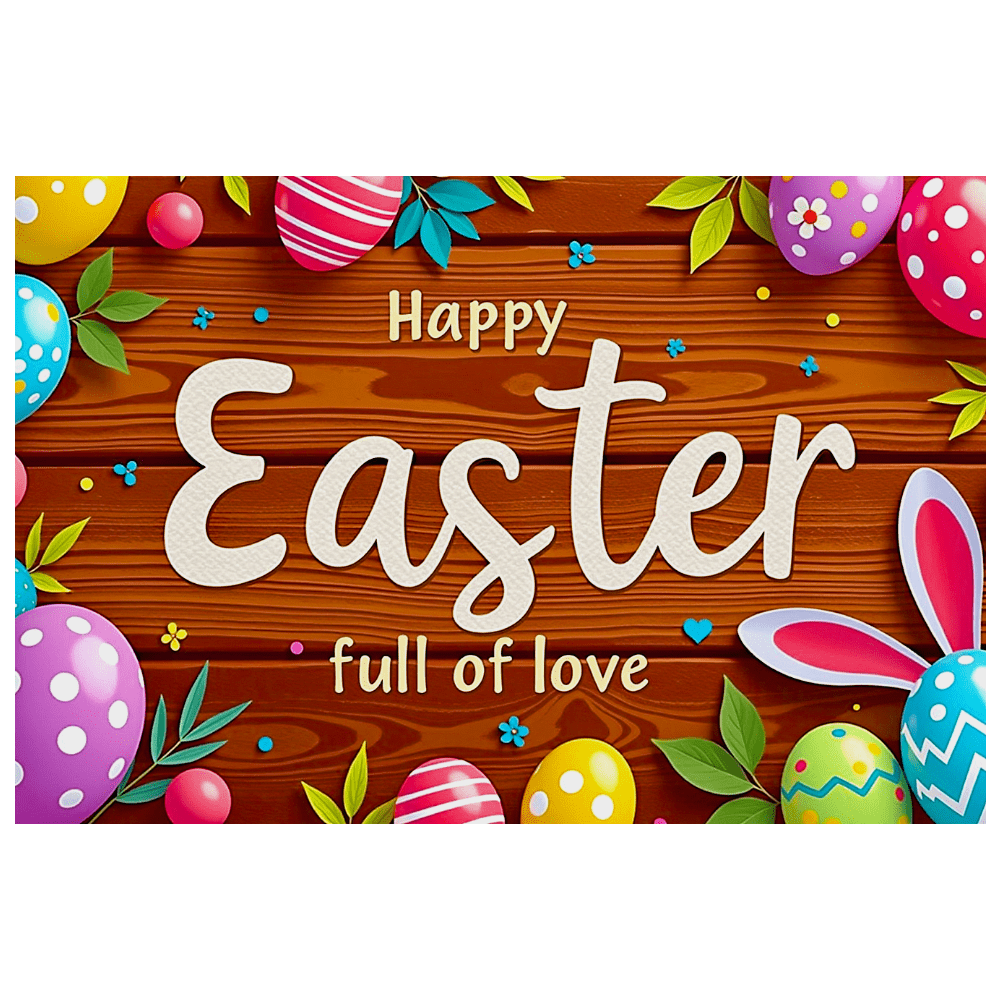 Wooden Texture Easter Themed Banner with Colorful Eggs Bunny Ears and Floral Elements Background ...