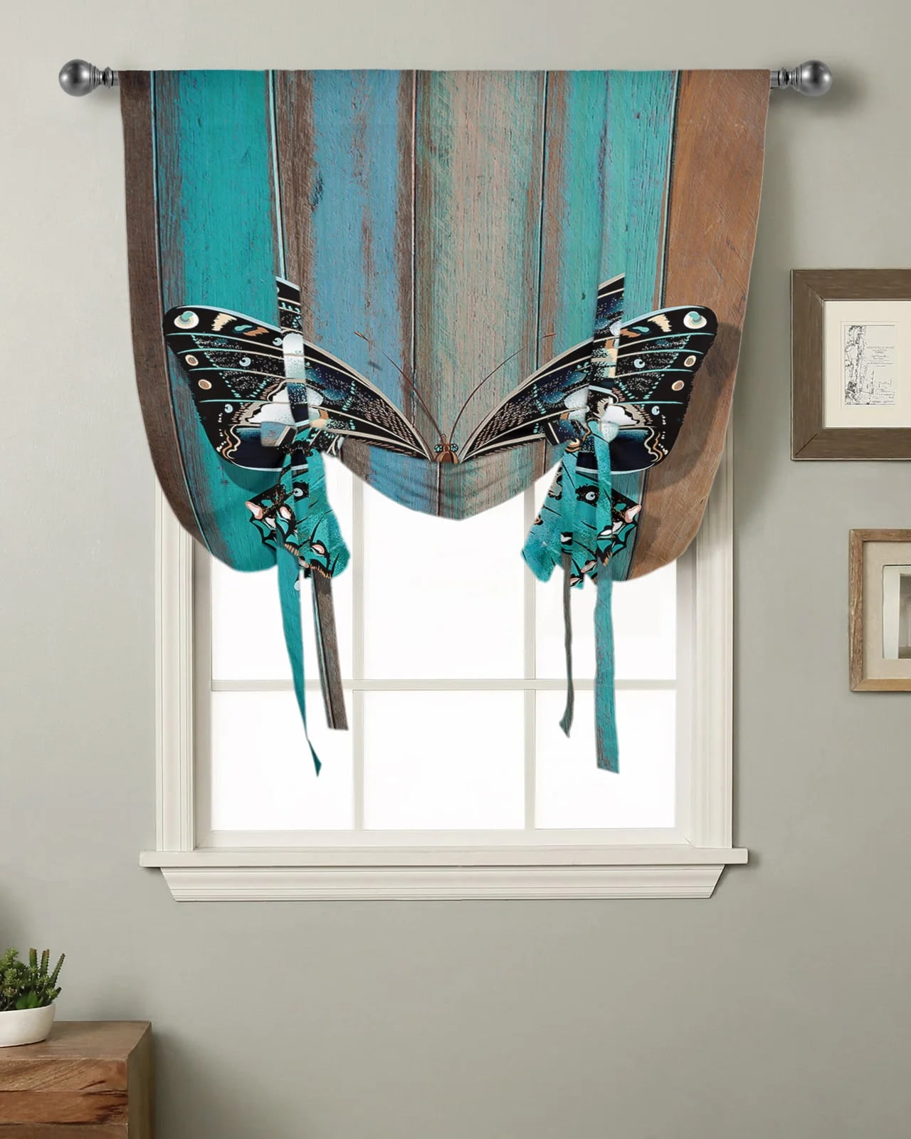Wooden Texture Turquoise Butterfly Kitchen Short Window Curtain Modern ...