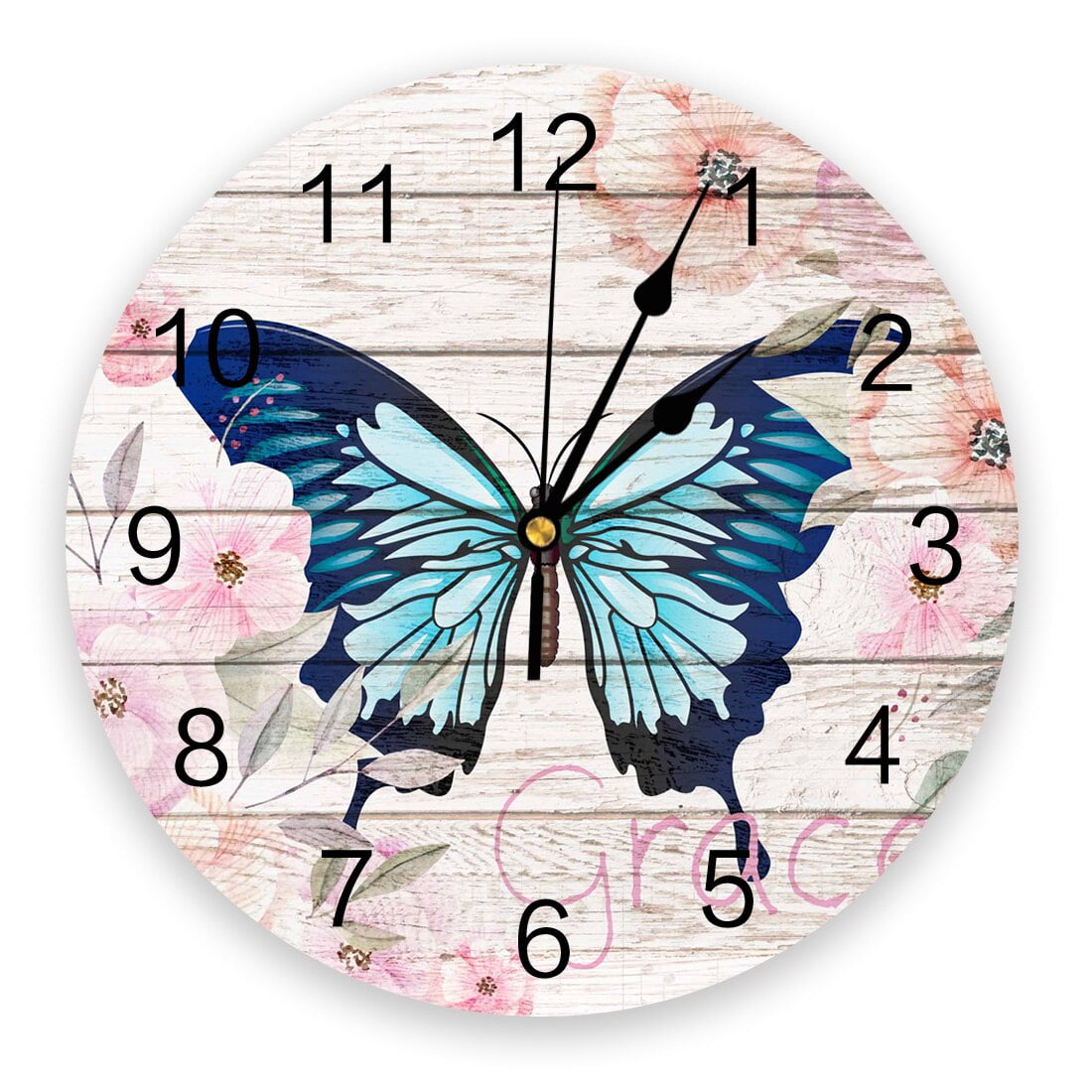 Wooden Texture Turquoise Butterfly Wall Clocks Home Decoration Silent ...