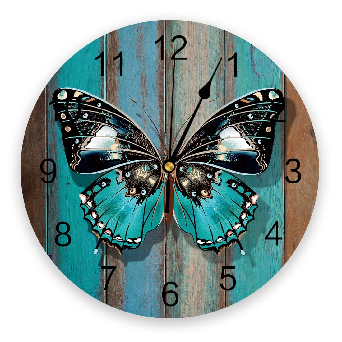 Wooden Texture Turquoise Butterfly Wall Clocks Home Decoration Silent ...