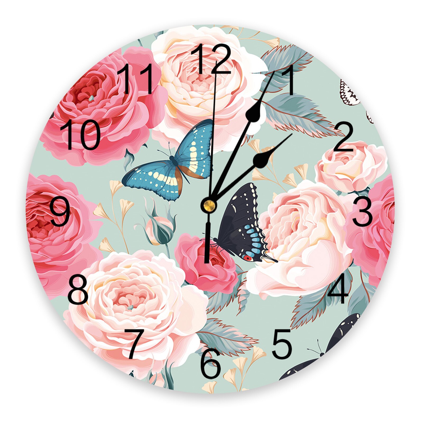 Wooden Texture Turquoise Butterfly Wall Clocks Home Decoration Silent ...