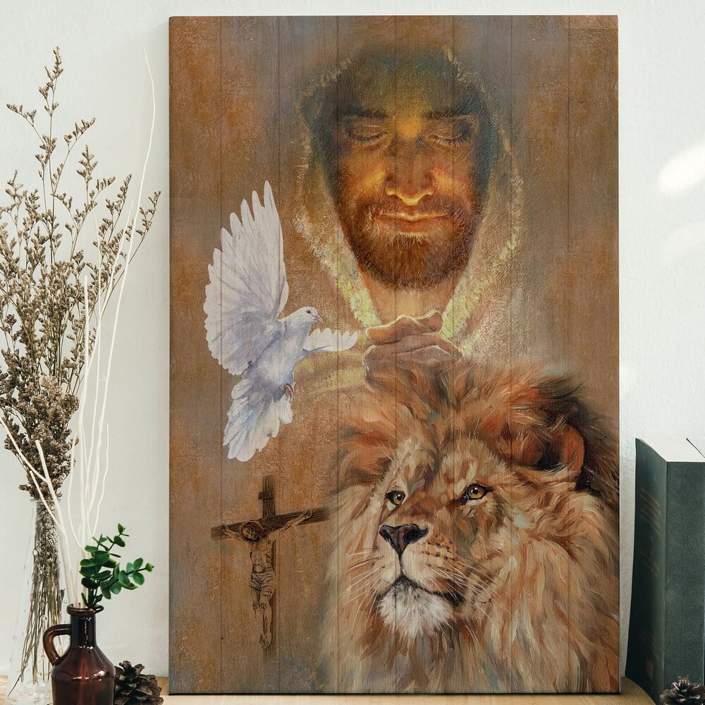 Wooden Theme Praying Jesus Christ With Lion And Dove Poster, Lion And ...
