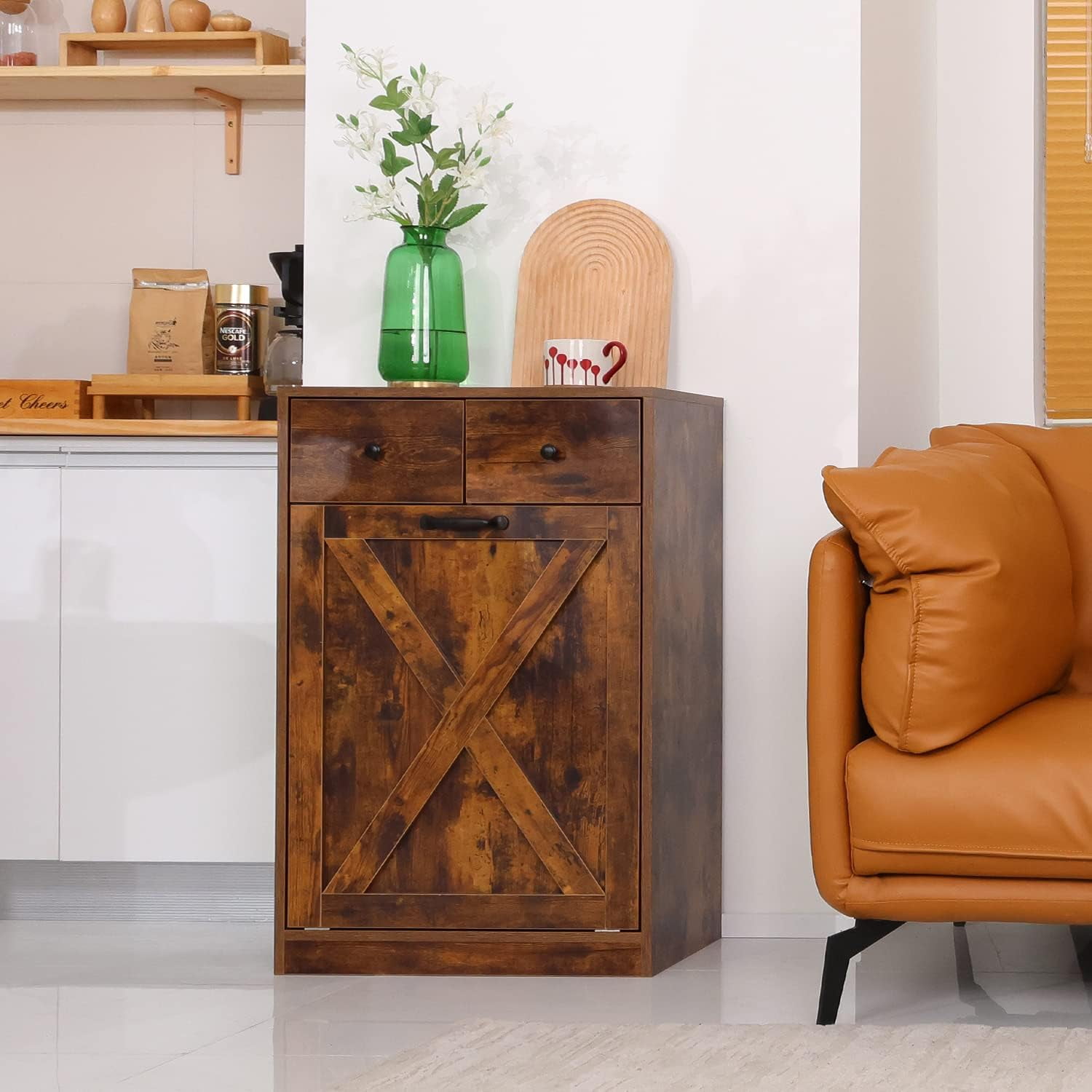 Wooden Tilt Out Trash Cabinet, 10 Gallon Wooden Trash Bin Cabinet with ...