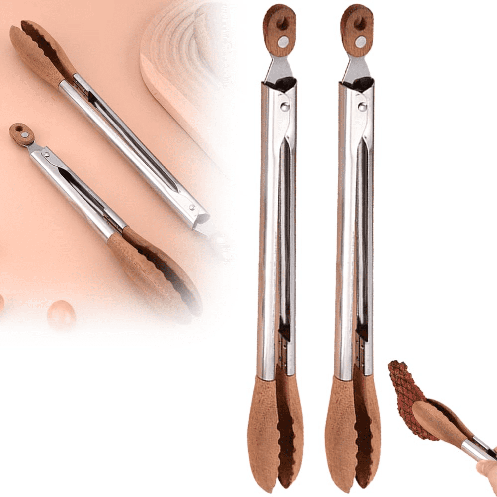 Wooden Tipped Cooking Tongs, Non-Slip 12-Inch & 9-Inch Stainless Steel ...