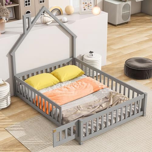 Wooden Toddler Floor Bed Frame,Full Size Montessori Bed Frame with ...