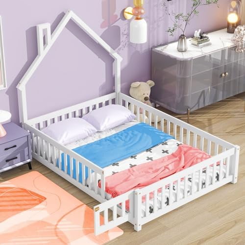 Wooden Toddler Floor Bed Frame,Full Size Montessori Bed Frame with ...