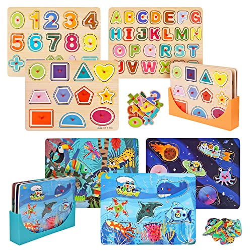 Wooden Toddler Puzzles (6-Pack) and Storage Rack, Peg Puzzles, Alphabet ...