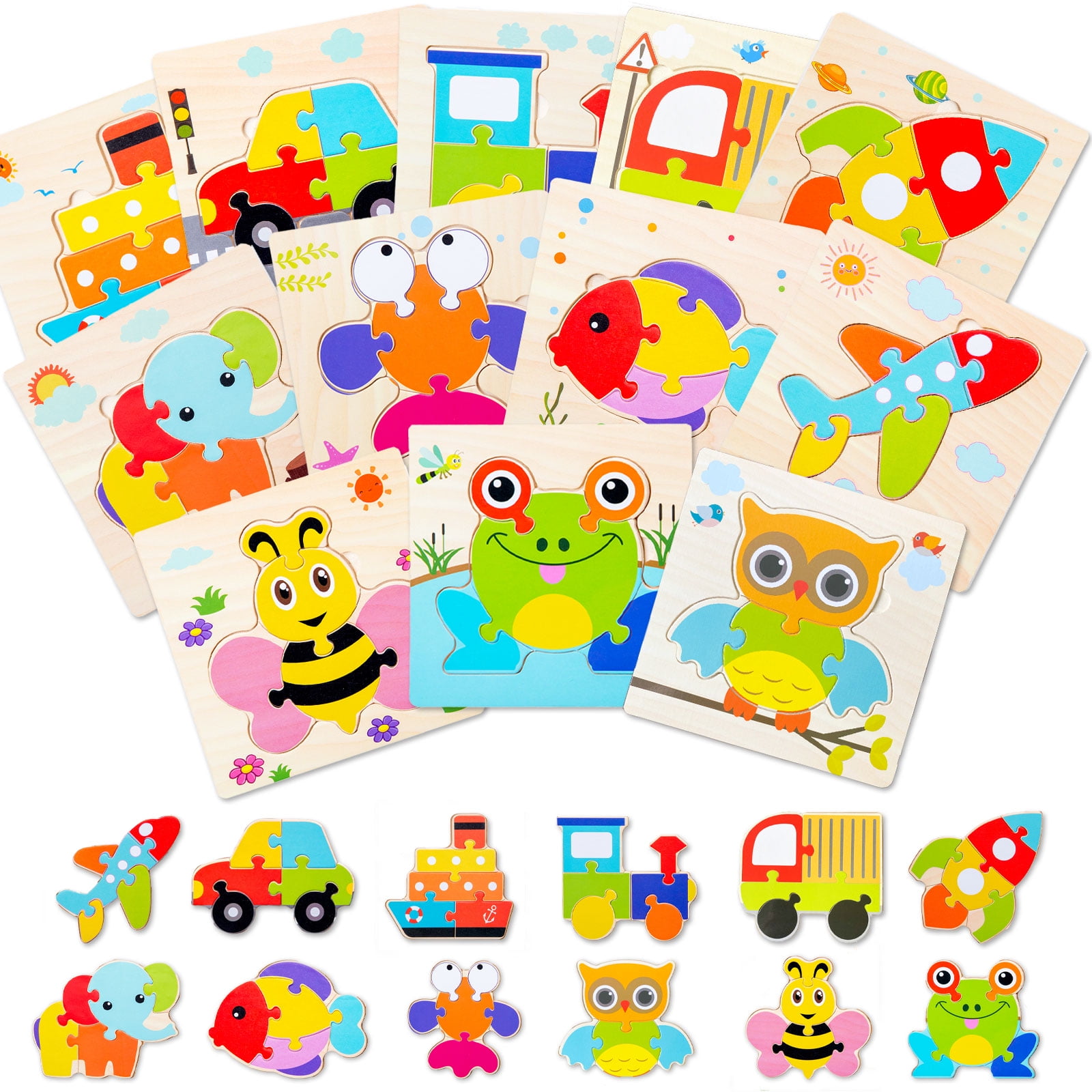 Wooden Toddler Puzzles Gifts Toys for 1 2 3 Years Old Boys Girls, 12PCS ...