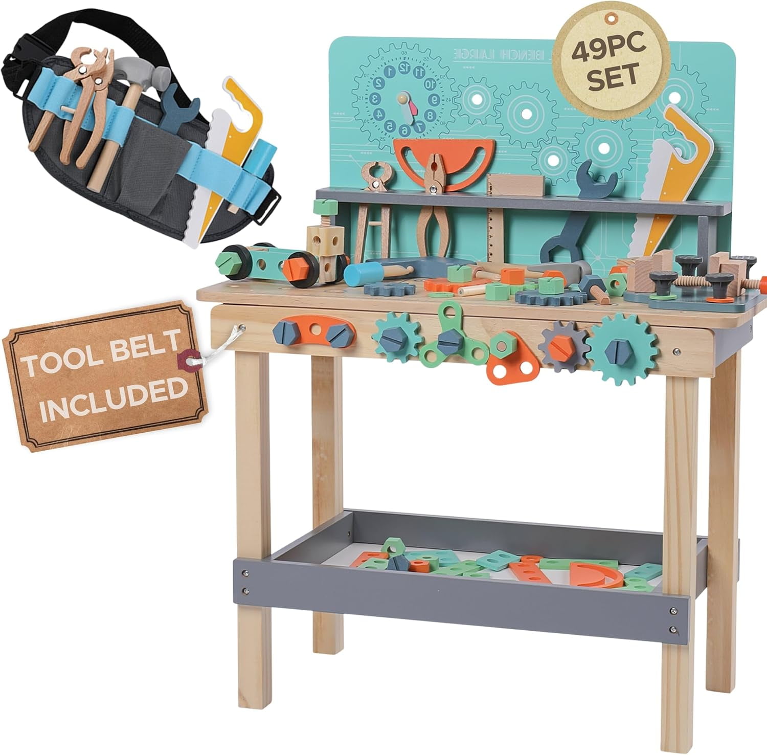 Wooden Toddler Workbench - 49 Piece Toddler Tool Set - Kids Tool Belt ...