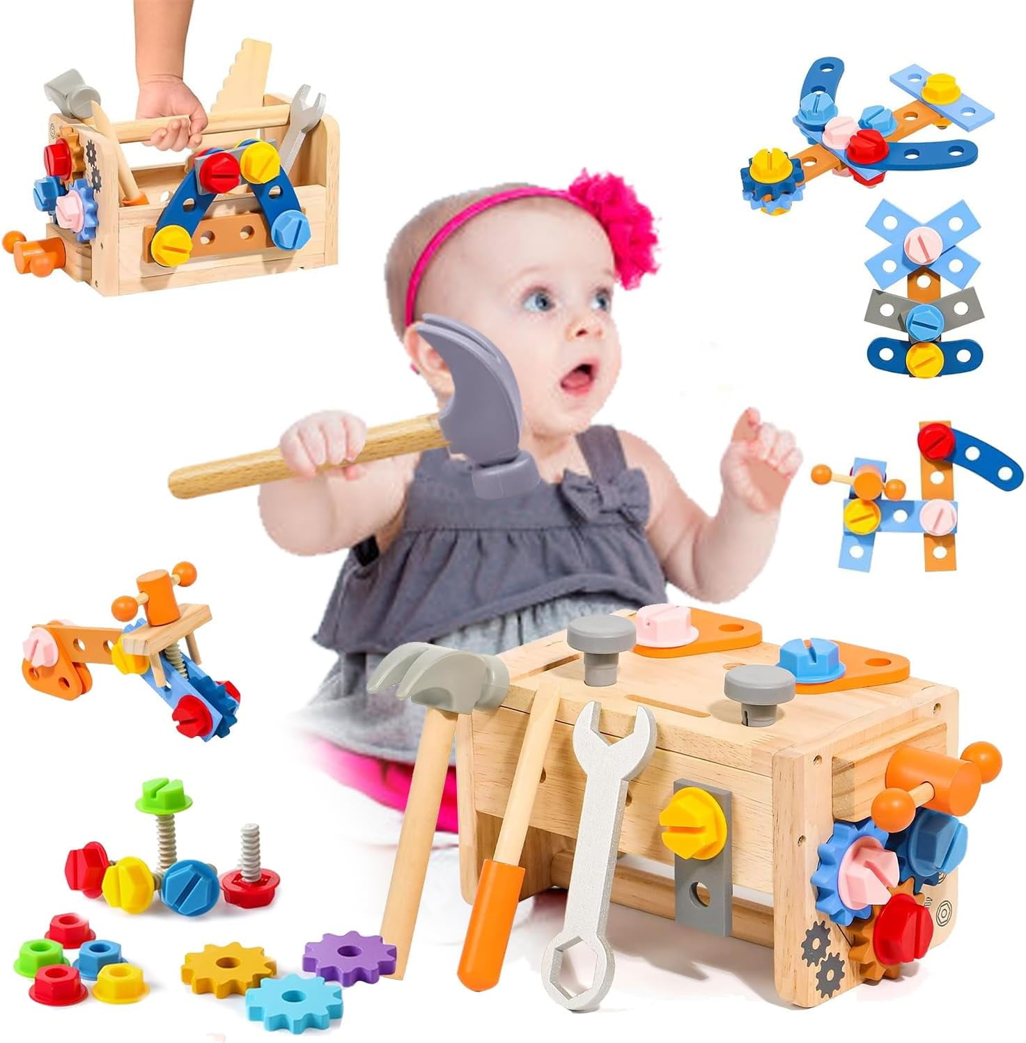 Wooden Tool Set for Toddler, Wooden Toolbox with Educational Buildings ...