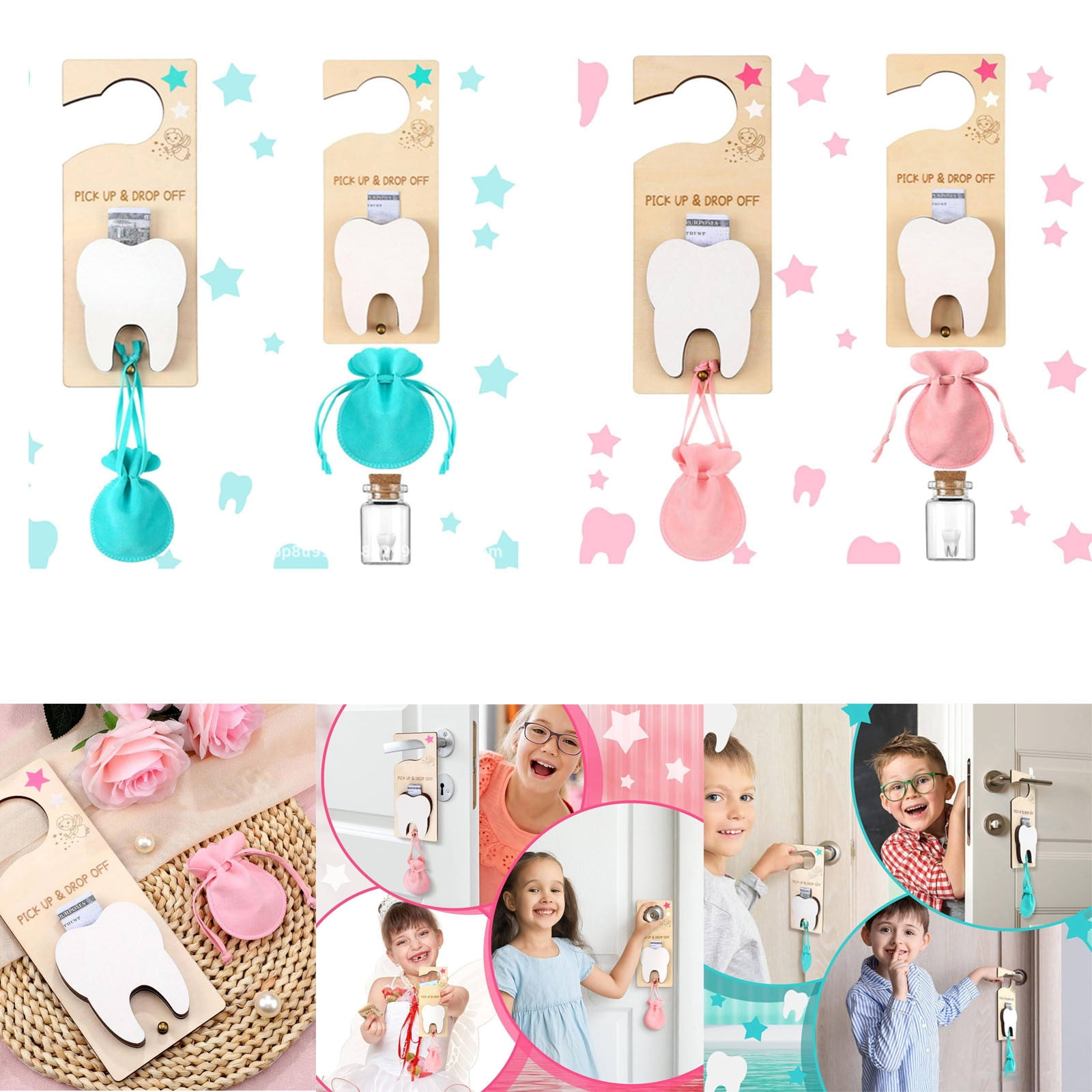 Wooden Tooth Fairy Door Hanger Set with Velvet Bag and Glass Bottle ...