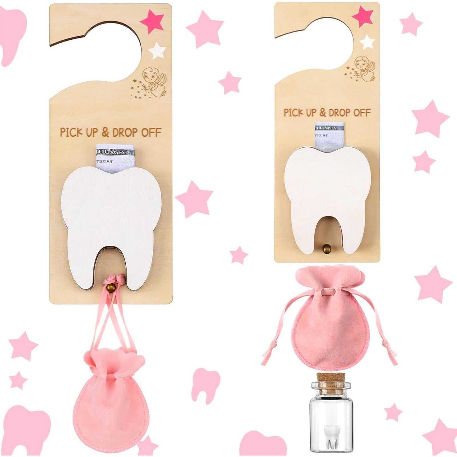 Wooden Tooth Fairy Gift Set - Velvet Storage Bag & Glass Tooth Bottle ...