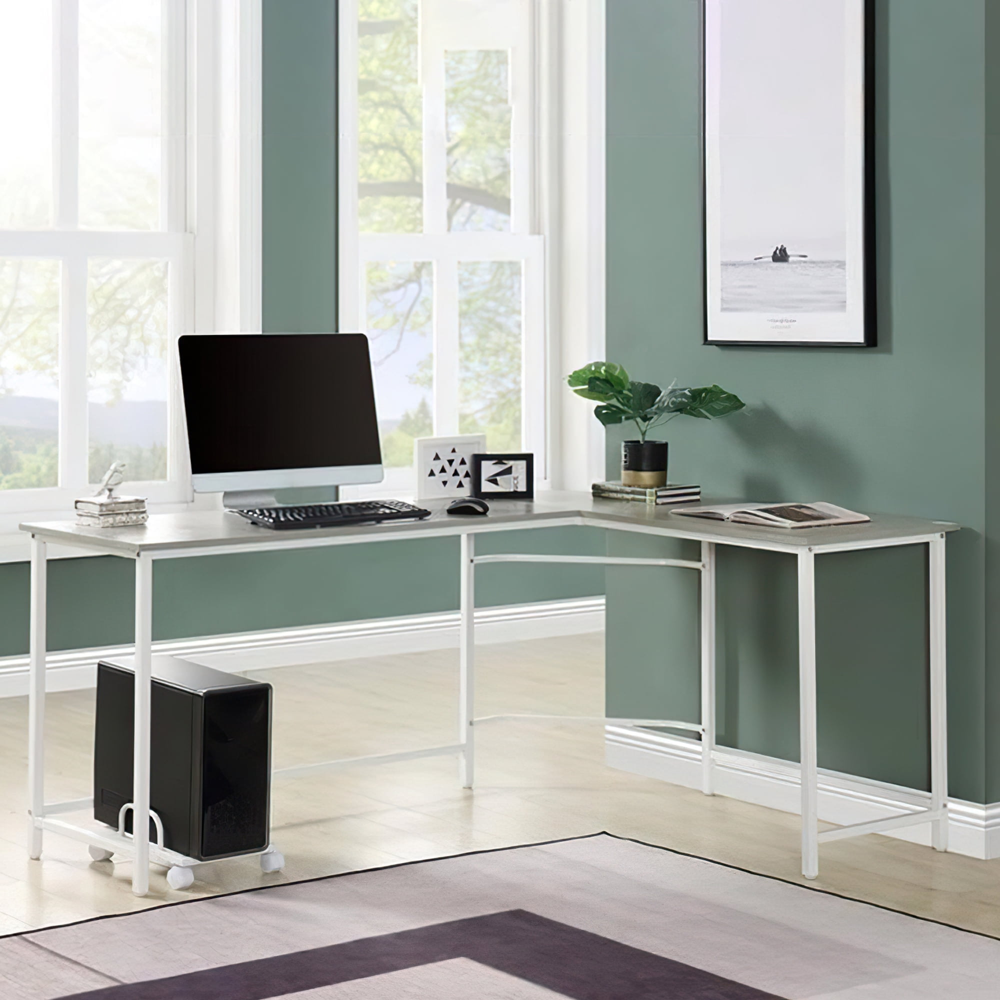 Wooden Top Computer Desk with Computer Holder in Gray and White ...