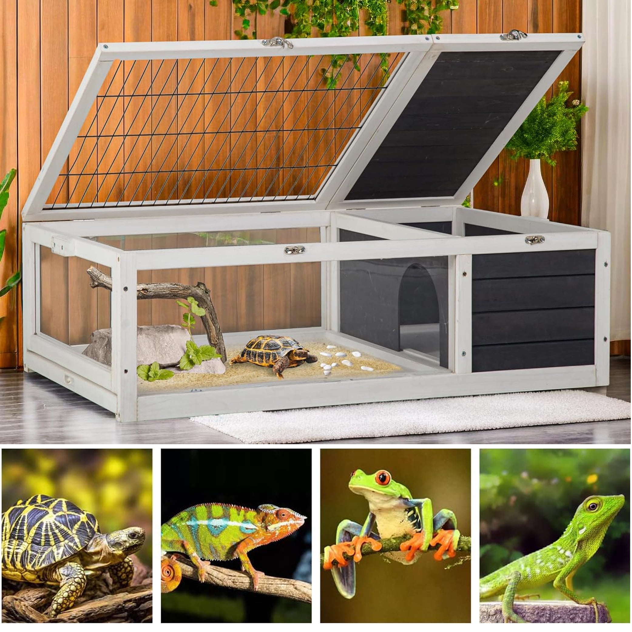 Wooden Tortoise Habitat House Large Observation Window In/Outdoor ...