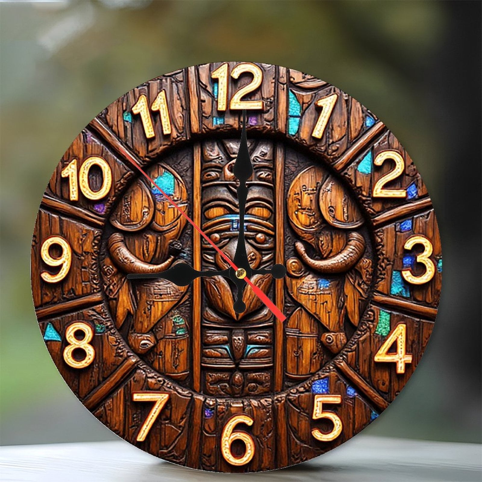 Wooden Totem Carved Wall Clock Tribal Style Home Decor 10-Inch Silent ...