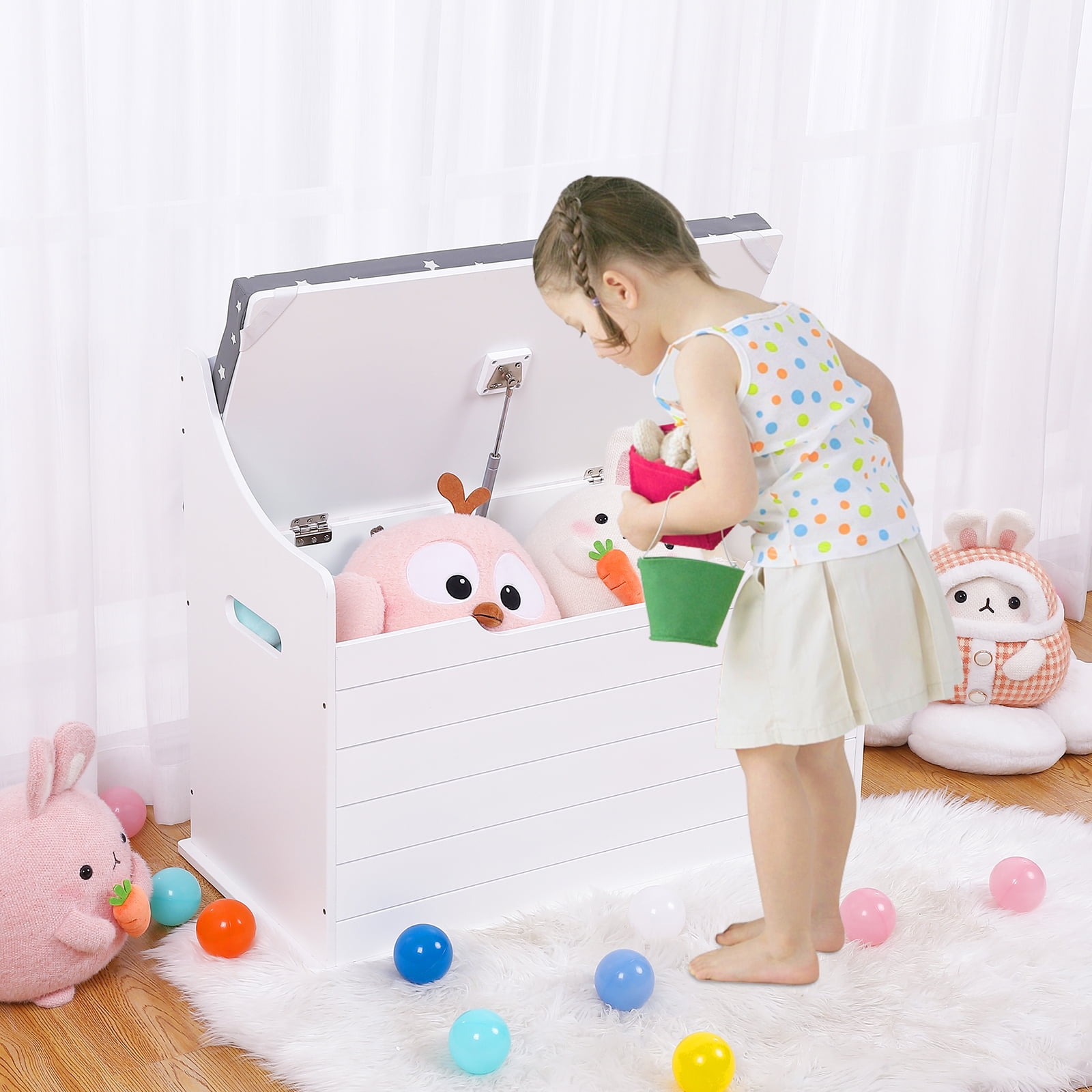 Wooden Toy Box White Kids Toy Chest with Safety Hinged Lid Large ...