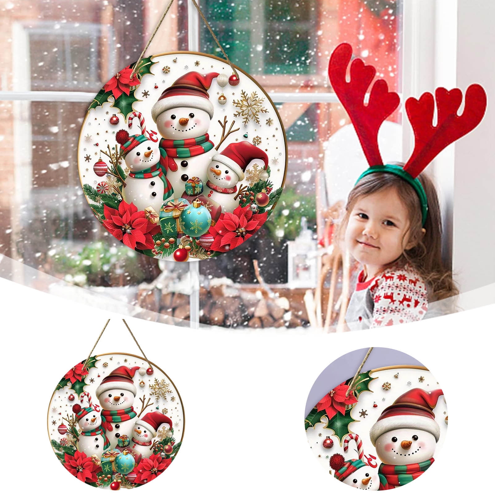 Wooden Traditional Holiday Design Round Disc Santa And Snowman Prints ...