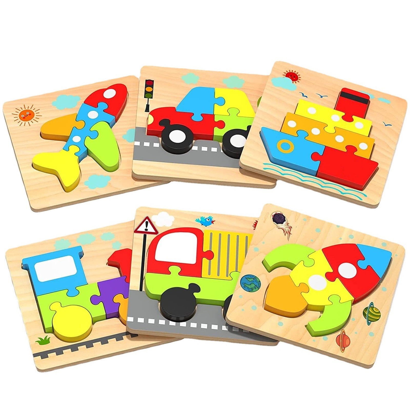 Wooden Traffic Shape Puzzles for Toddlers, 6 Pack Vehicle Locking ...