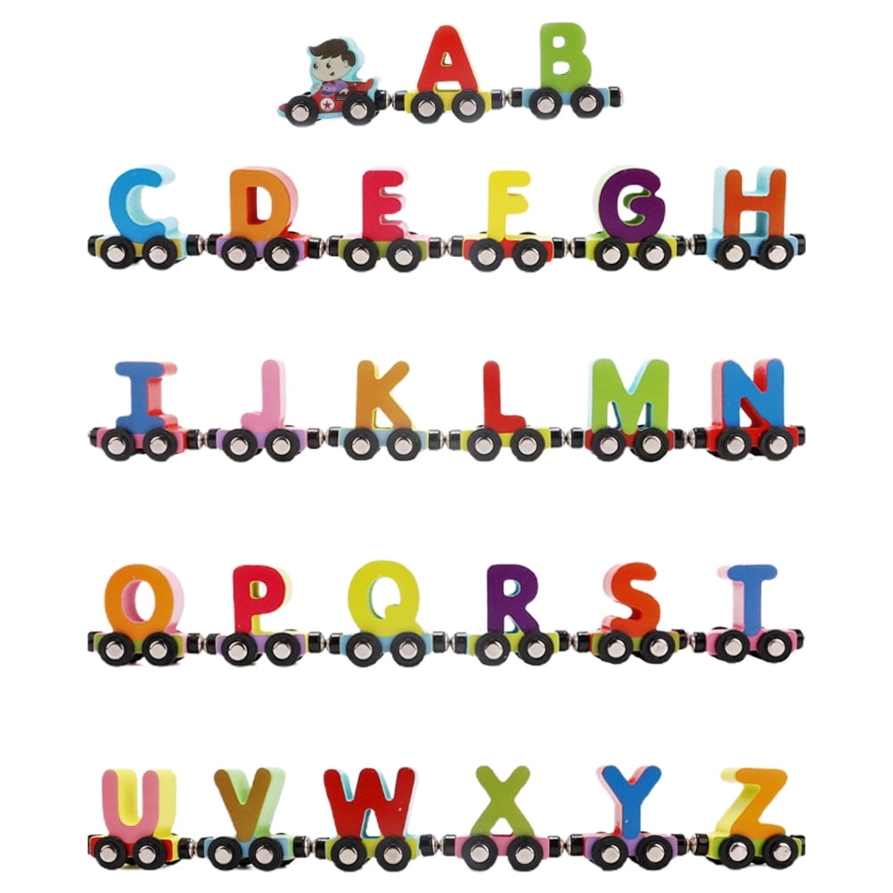 Wooden Train Building Block Toy Set Wooden Magnetic Alphabet ABC Number ...