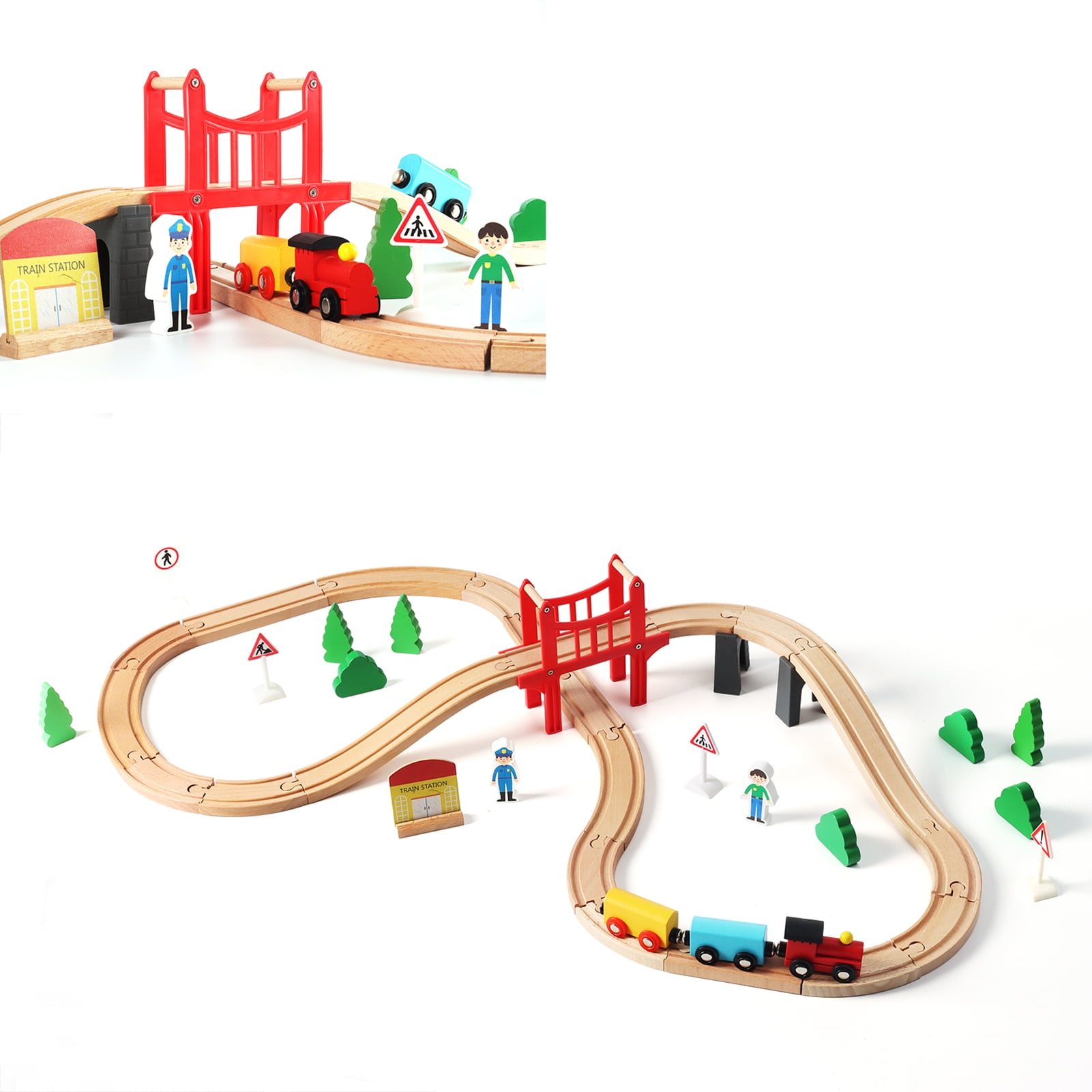 70pcs Wooden Train Set, Kids Construction Tracks Toy, Fits Thomas Brio ...