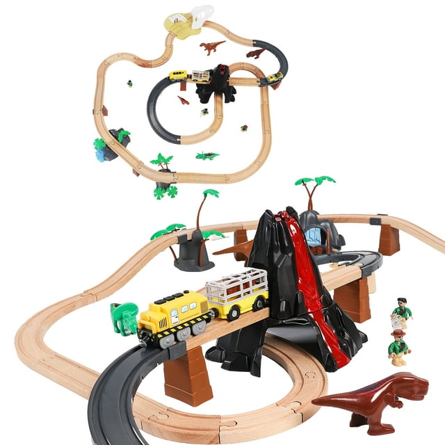 Wooden Train Set 80pcs with Dinosaur Train Tracks and Color Box for 3 ...