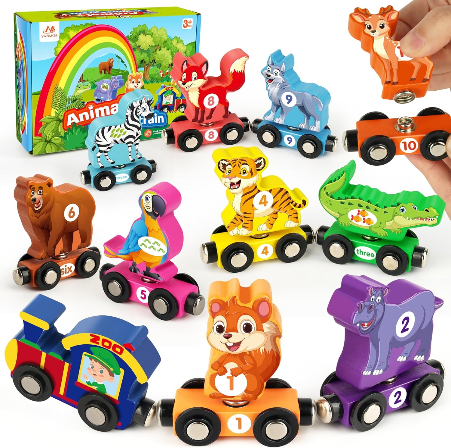 Wooden Train Set for Toddlers, Magnetic Animal Number Train Toys for ...