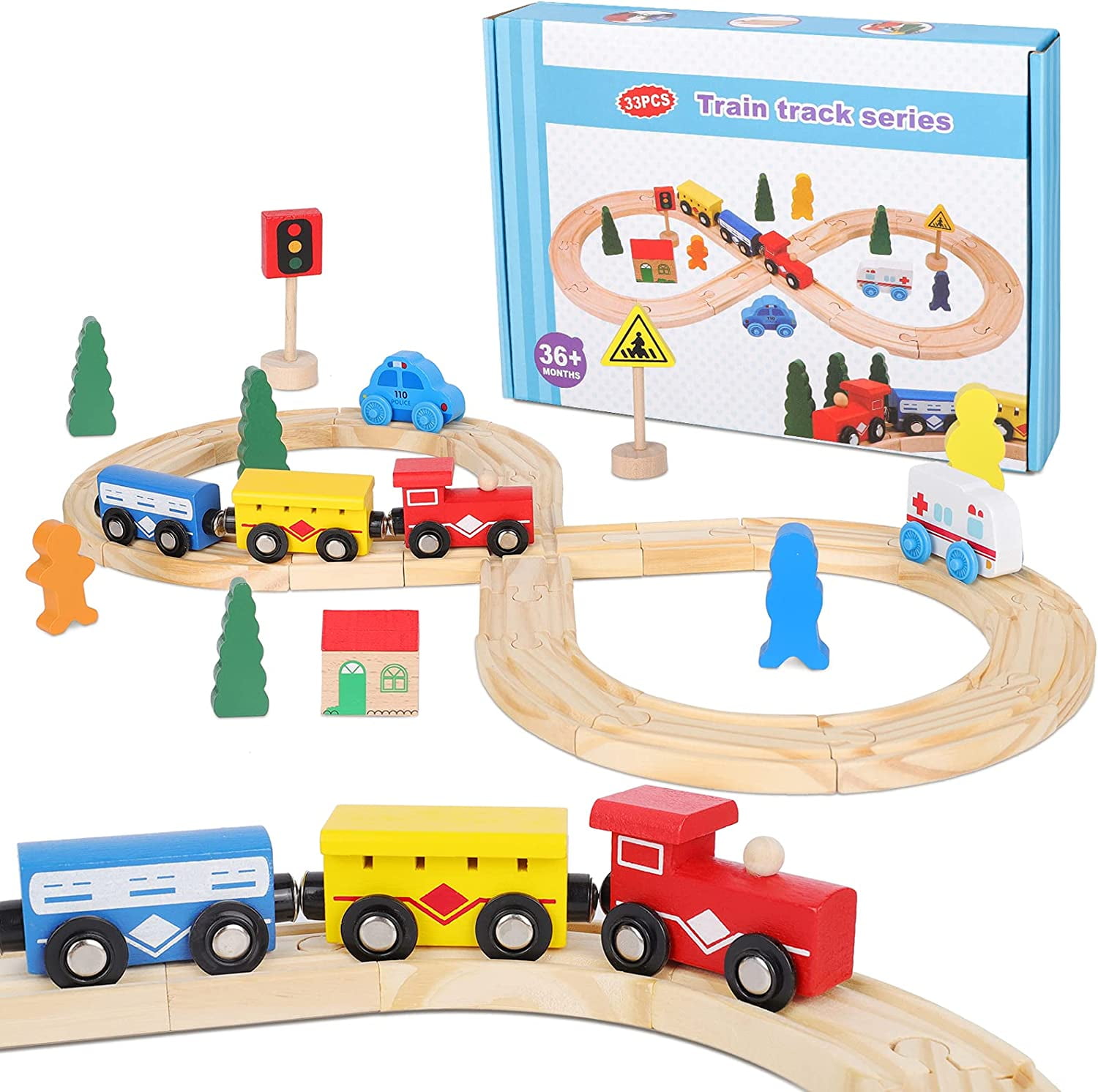 33-Piece Magnetic Wooden Train Set, with Tracks and Toy Cars, Perfect ...