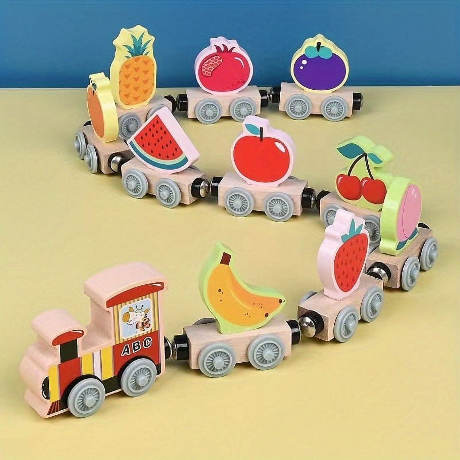 Wooden Train Set with 11pcs Fruit Train Toy Boys and Girls Train Set ...
