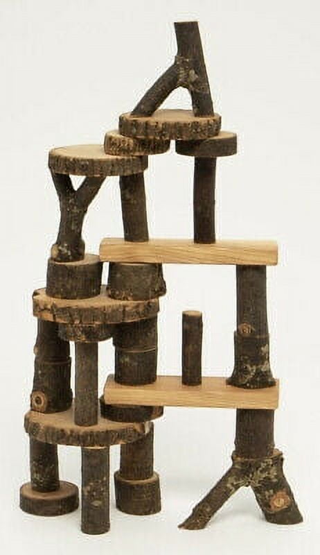 Wooden Tree Blocks w/Bark 31 Piece Math Real Wood Building Block Set ...